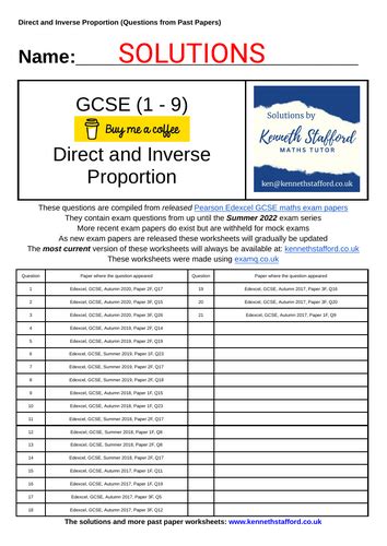 Direct And Inverse Proportion Foundation Gcse Maths Past Paper Questions Teaching Resources