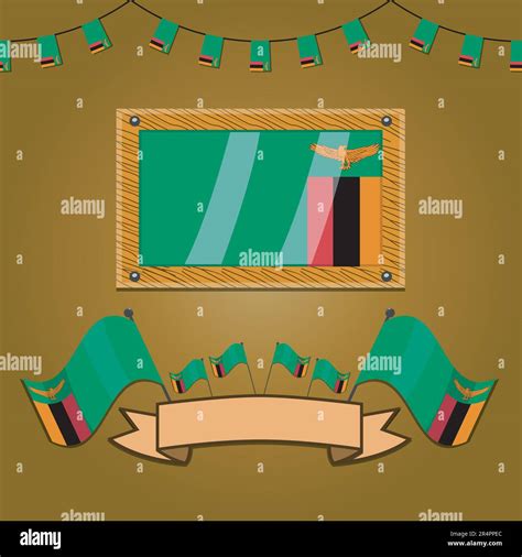 Zambia Flags On Frame Wood Label Simple Gradient And Vector