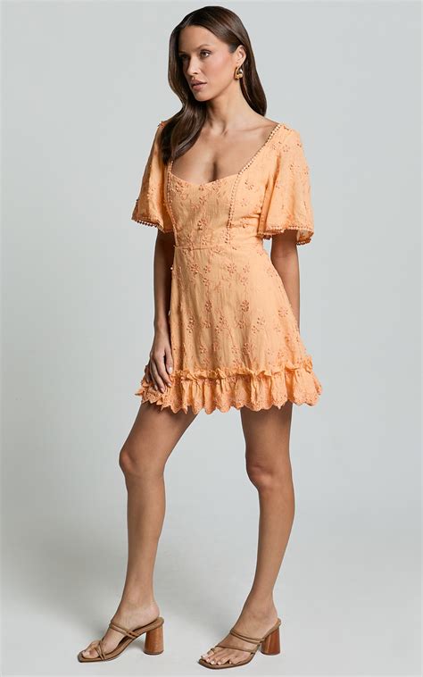 Fancy A Spritz Mini Dress Square Neck Dress In Peach Fuzz Showpo Uk