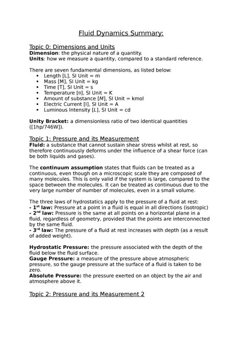 Fluid Dynamics Summary Fluid Dynamics Summary Topic 0 Dimensions And Units Dimension The