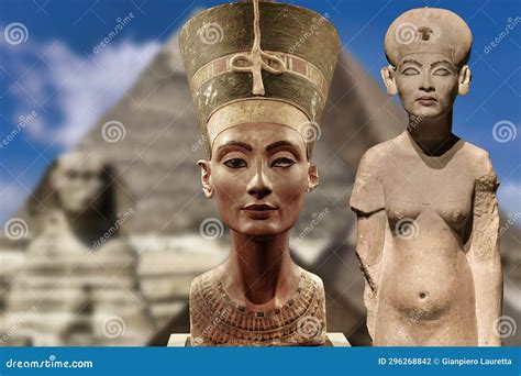 The Original Bust And A Statue Of The Famous Egyptian Queen Nefertiti