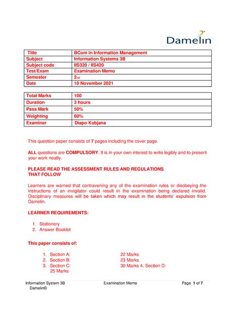 Information Systems 3b Exam Memo Information System 3b Examination Memo Page 1 Of 7 Title Bcom