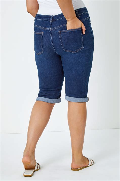 Indigo Curve Stretch Knee Length Denim Shorts Roman Uk