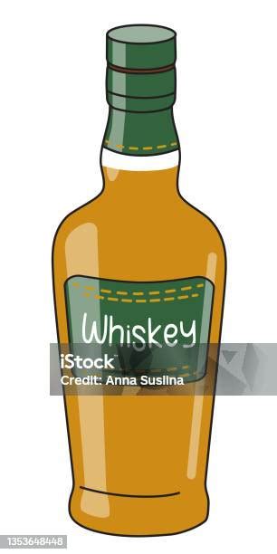병에 담긴 클래식 위스키 낙서 만화 힙스터 스타일 벡터 일러스트 는 흰색 배경에 격리 파티 카드 포스터 바 메뉴 또는 알코올 요리 책 조리법에 적합 곡초류에 대한 스톡 벡터