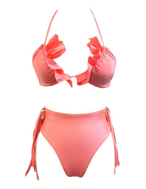 B R E N D A Coral Bandeau Low Rise Swimsuit Bikini Set — Swim With Poppies