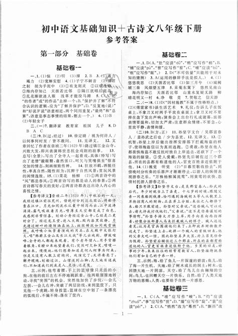 2021年初中语文基础知识加古诗文八年级下册新疆文化出版社答案——青夏教育精英家教网——