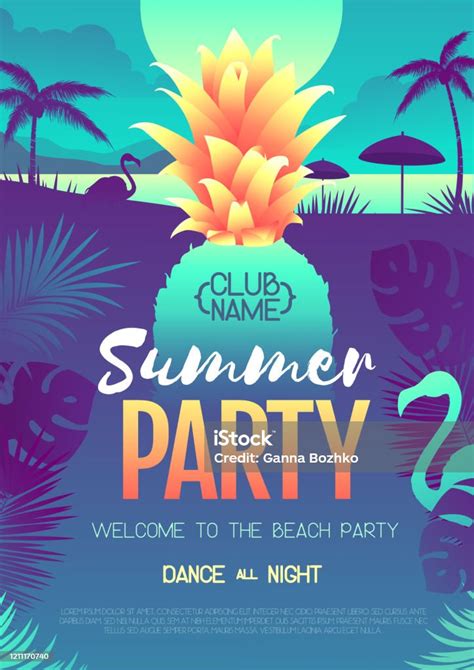 형광 열대 잎 파인애플과 플라밍고 다채로운 여름 디스코 파티 포스터 여름 해변 배경 파티에 대한 스톡 벡터 아트 및 기타 이미지 파티 포스터 계절 Istock