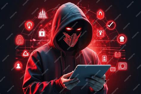 Premium Photo Hooded Man Hacker Finger Touch Tablet In Hand Double