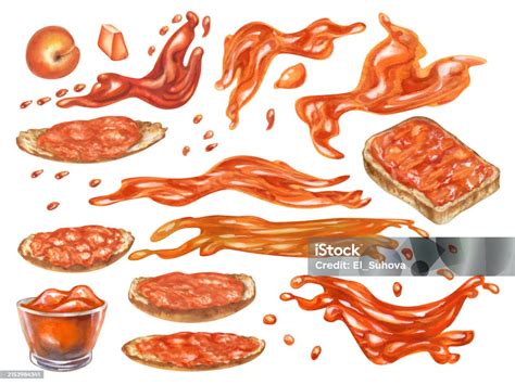 빵 한 조각에 살구 잼을 얹어 파도를 일으키고 튀깁니다 달콤한 수확 여름 과일 주스 통조림 식품 마멀레이드 및 과자의 디자인 템플릿에 대한 수채화 그림 건강한 생활방식에