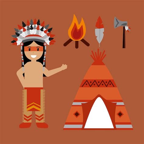 Premium Vector Native American Indian Character Teepee Axe And Bonfire