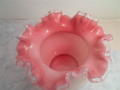 Vintage Fenton Vase Rose Bowl White Cased Pink Vase Silver Crest Edge