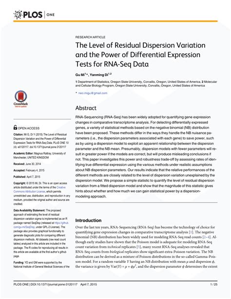 PDF The Level Of Residual Dispersion Variation And The Power Of Differential Expression Tests