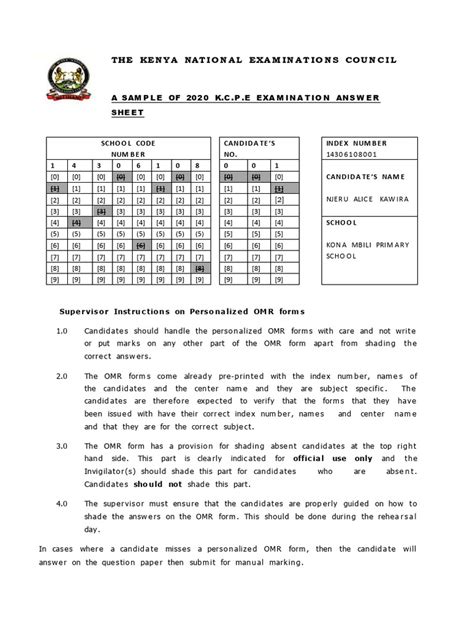 Sample Of 2020 Kcpe Answer Sheet Pdf