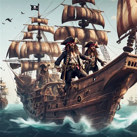 A Cartoon Of Two Pirates On A Boat With A Ship In The Background