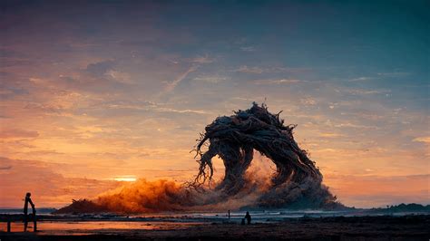 Coastal Sunset With Monsters Made With Midjourney [1920 X 1080] R