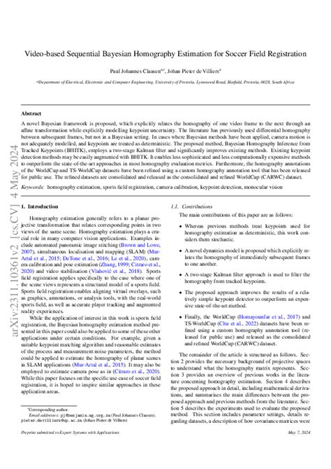 Pdf Video Based Sequential Bayesian Homography Estimation For Soccer