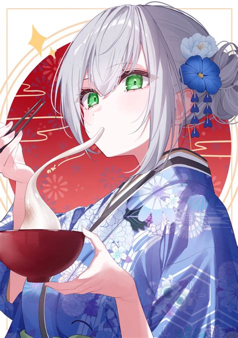Safebooru Asymmetrical Sidelocks Blue Flower Blue Kimono Bowl Breasts