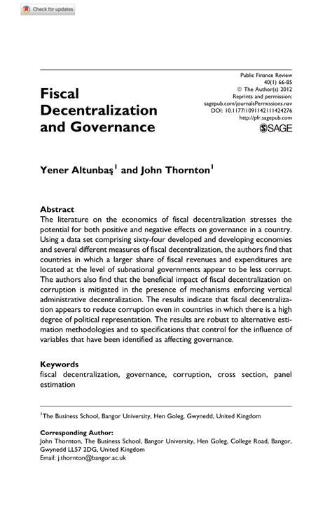 Pdf Fiscal Decentralization And Governance