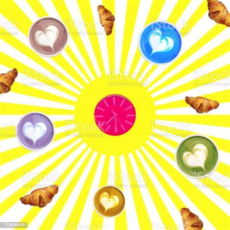 현대 콜라주 커피 말차 코코아 크루아상 태양광선이 있는 노란색 배경을 관찰합니다 개념에 대한 스톡 사진 및 기타 이미지 개념 구도 기포 음료 Istock