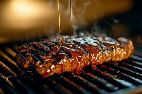 Juicy Steak Sizzling On The Grill With Savory Sauce Dripping Down