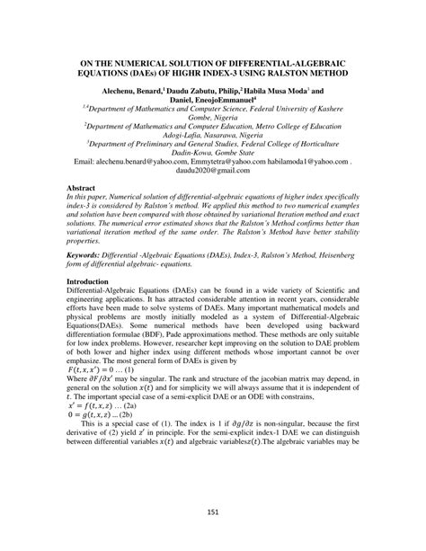 Pdf On The Numerical Solution Of Differential Algebraic Equations Daes Of Highr Index 3