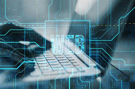 Close Up Of Hands Using Laptop Keyboard At Workplace With Glowing Linear Web Text Hologram On