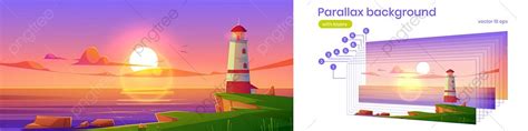 Parallax Background Lighthouse At Beautiful Sunset Sea Landscape