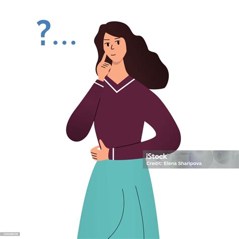 징벌소녀는 생각하고 있습니다 물음표 여자는 아무 생각이 없다 그녀는 올바른 결정을 하려고 만화 캐릭터 디자인 플랫 벡터