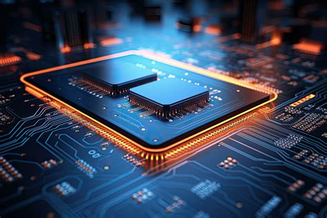 Highly Rendering Of Microchip In Blue Light On Circuit Board Background Futuristic Circuit