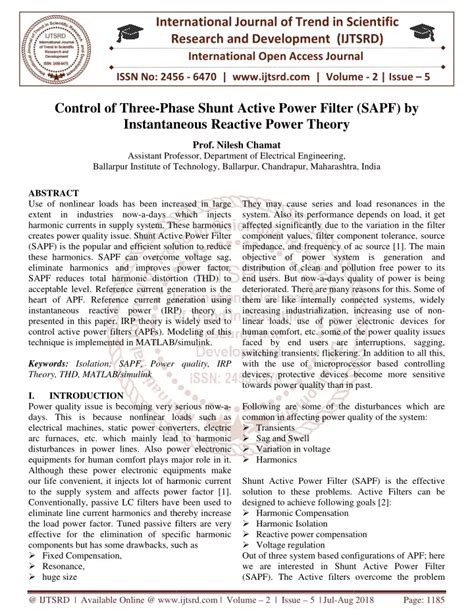 Ppt Control Of Three Phase Shunt Active Power Filter Sapf By Instantaneous Reactive Power