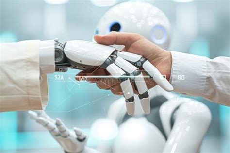 Symbolic Unity Human And Robot Hands Touch On A Big Data Network Connection Background Stock