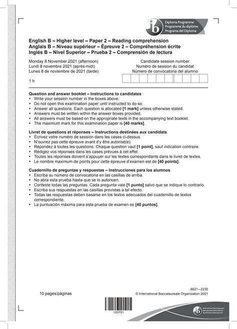 SOLUTION English B Paper 2 Reading Comprehension Question Booklet Hl