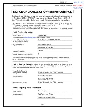 Fillable Online Shpda Alabama I NOTICE OF CHANGE OF OWNERSHIP CONTROL I