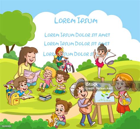 아이들이 놀고 게임에서 시간을 보내고 재미있게 놀고 장난을 칩니다 여름 활동 공원에 있는 아이들 여름 캠프 선생님 아이들에게 책을 읽어주는 엄마 아이에 대한 스톡 벡터 아트