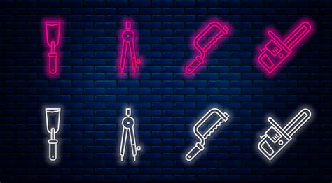 선 그리기 나침반 쇠톱 퍼티 나이프 및 전기 톱을 설정합니다 벽돌 벽에 빛나는 네온 아이콘입니다 벡터 강철에 대한 스톡 벡터 아트 및 기타 이미지 Istock
