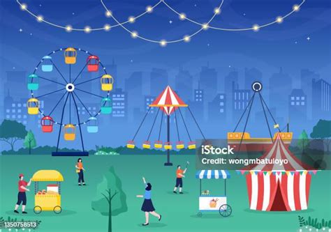 카니발 서커스 유원지 또는 놀이 공원여름 박람회 회전 목마 롤러 코스터 공기 풍선 및 놀이터 벡터 일러스트레이션의 풍경 Carnival에 대한 스톡 벡터 아트 및 기타