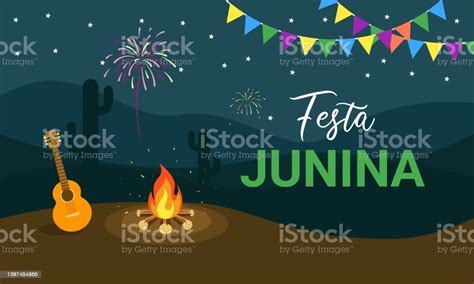 파티 플래그와 모닥불이있는 Festa Junina의 벡터 일러스트레이션 휴일 인사말 카드 초대장 또는 포스터를위한 유월 축제