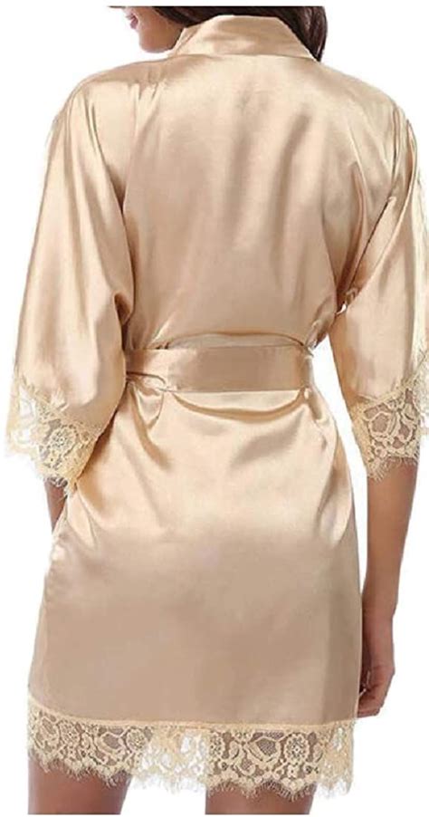 Women Pure Color Short Satin Kimono Robes With Oblique V Neck