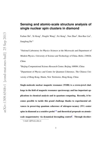 Pdf Sensing And Atomic Scale Structure Analysis Of Single Nuclear Spin Clusters In Diamond