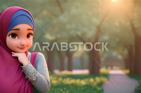 فتاه مسلمه بين الطبيعه الخضراء، رسوم كرتونيه ثلاثية الابعاد لامرأة