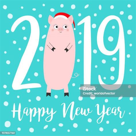 행복 한 새 해 2019 텍스트입니다 귀여운 뚱 땡 돼지입니다 산타 모자입니다 핑크 돼지 돼지입니다 스노우 플레이크입니다 기호