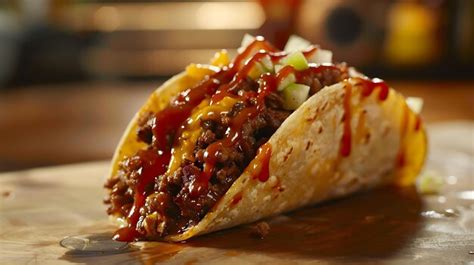 A Delicious And Mouthwatering Taco With Seasoned Ground Beef Melted