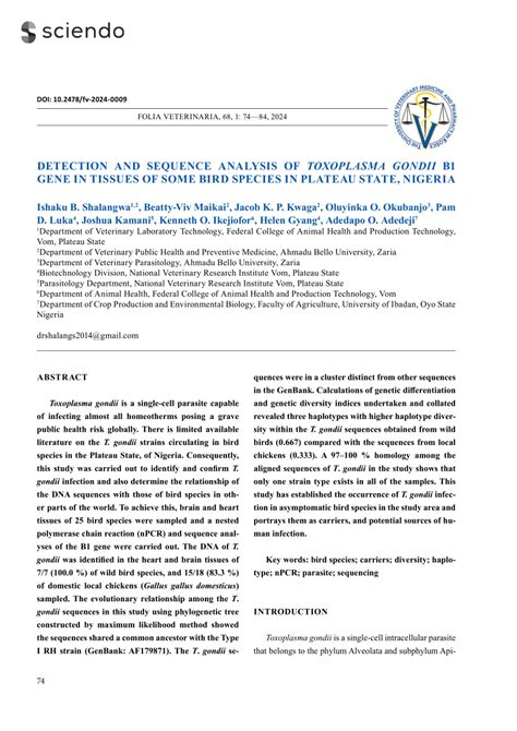Pdf Detection And Sequence Analysis Of Toxoplasma Gondii B1 Gene In Tissues Of Some Bird