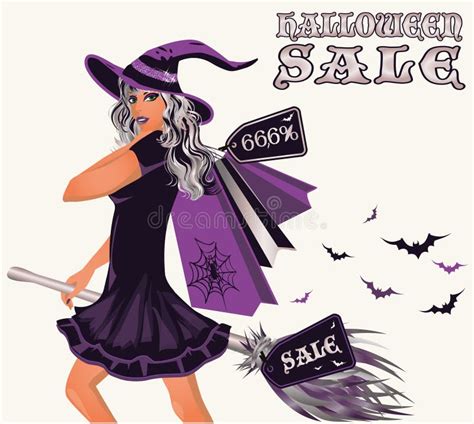 Halloween Sale Postcard With Witch Stock Vector Illustration Of Label