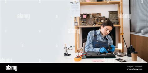Repairman Woman Disassembling Laptop Motherboard And Cooler Fan Engineer Fixing Broken Computer