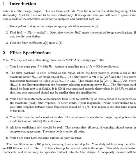Introduction Lab Is A Filter Design Project This Chegg