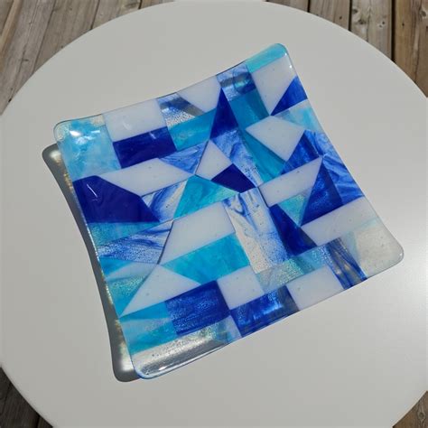 Handmade Fused Art Glass Plate Blue Colour Art Glass Platter Fused
