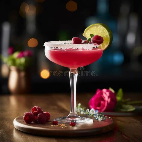 Ai Generated Refreshing Pink Cocktail Garnished With Raspberries And A