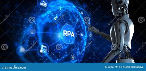 rpa robotic process automation concept robot pressing button on screen