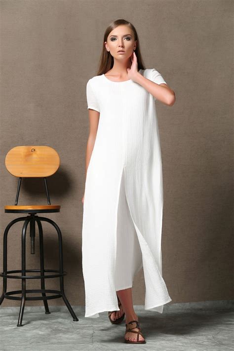 Short Sleeve White Maxi Linen Dress For Women Summer Cotton Etsy Uk